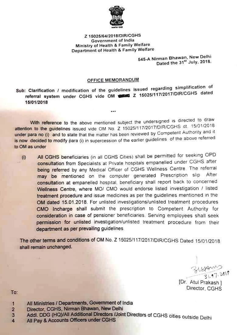 CGHS Order – Clarification/modification of the guidelines Issued ...